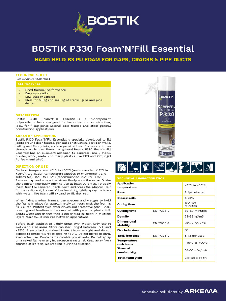 TDS Bostik P330 Foam'n'fill Essential | PDF | Polystyrene | Foam