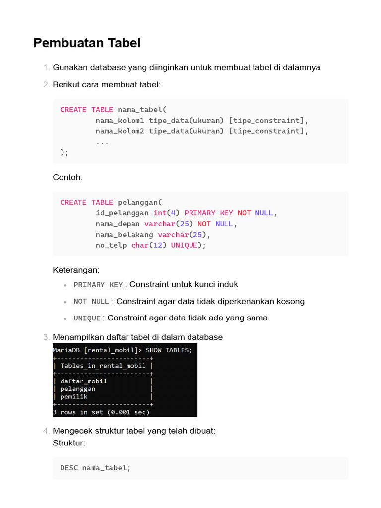Panduan Pembuatan Tabel SQL | PDF