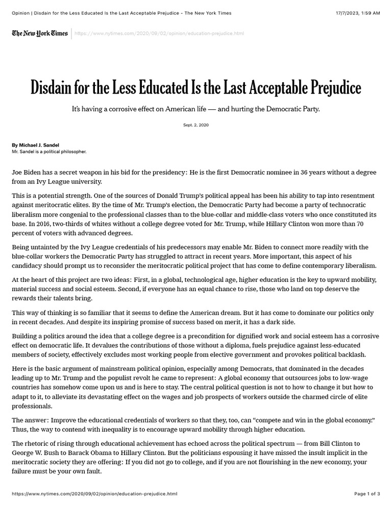Disdain For The Less Educated Is The Last Acceptable Prejudice | PDF ...