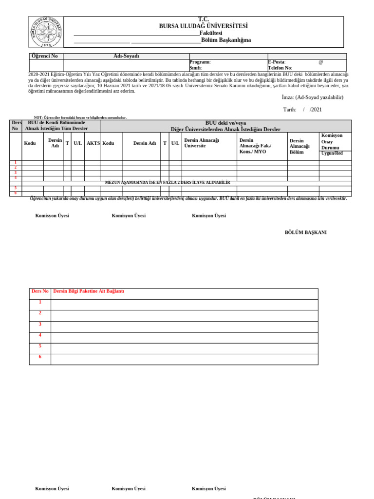20 2021 Yaz Ogretimi Basvuru Ve Denklik Formu 18062021 | PDF