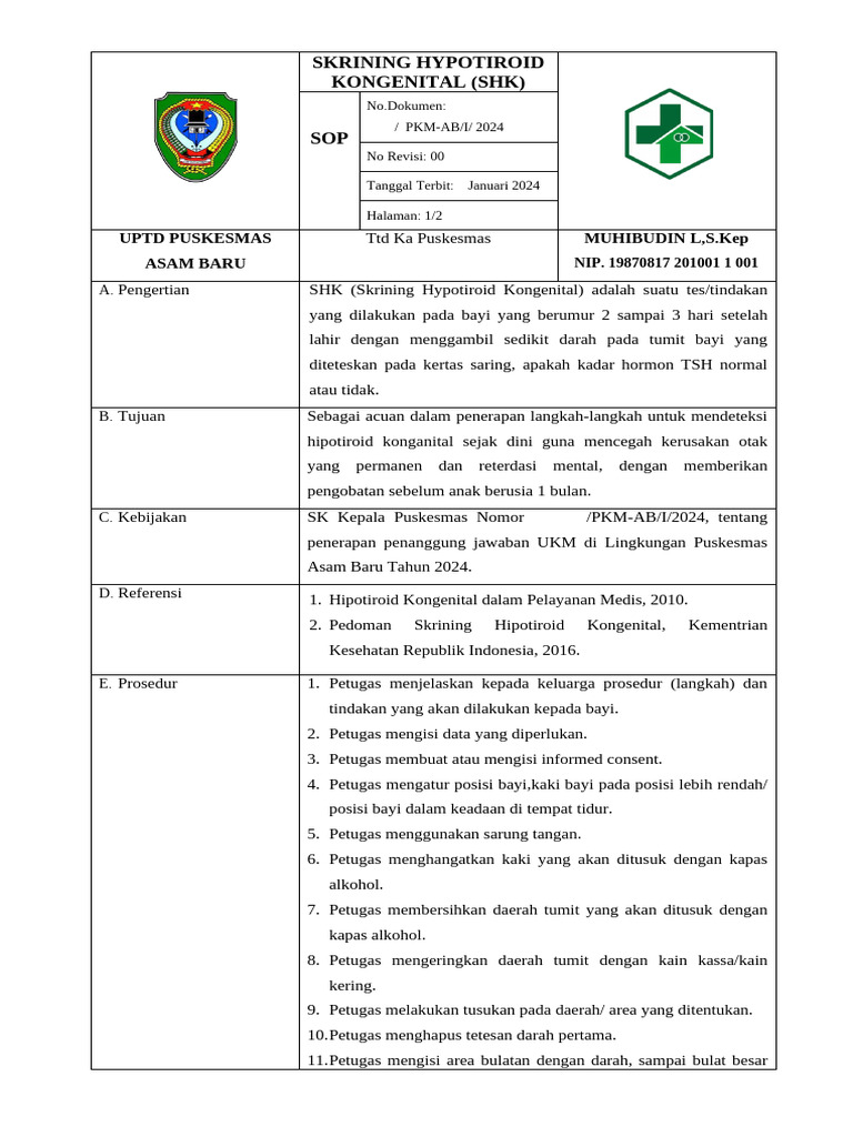 Prosedur Skrining Hipotiroid Bayi Baru Lahir | PDF