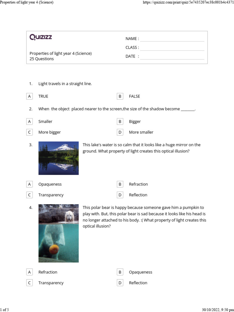 Properties of Light Year 4 (Science) | PDF | Light | Reflection (Physics)