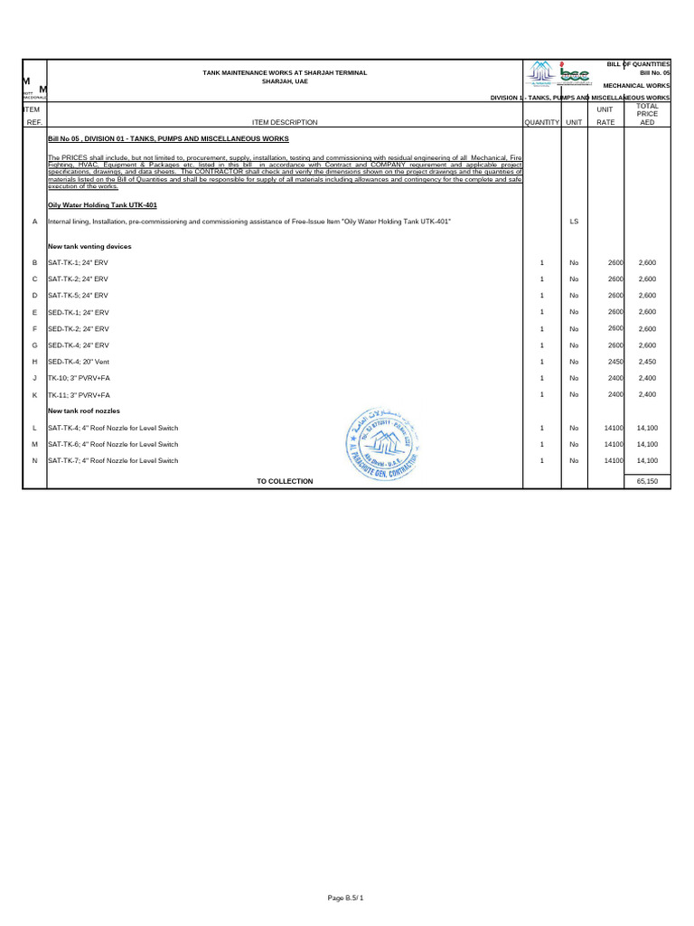 Tank Maintenance Works Bill of Quantities | PDF | Pump | Pipe (Fluid ...