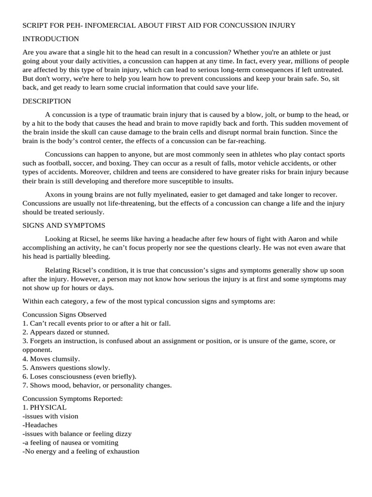 Script For Peh | PDF | Concussion | Traumatic Brain Injury
