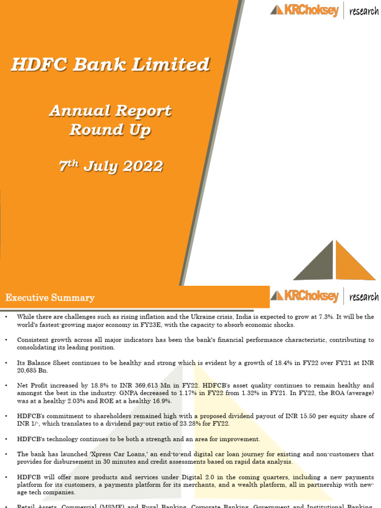 KRChoksey Research HDFC Bank Annual Report Round Up | PDF | Inflation | Banks