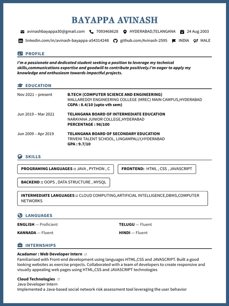 Cse 21j41a05d1 B Avinash Resume | PDF | Web Development | Html