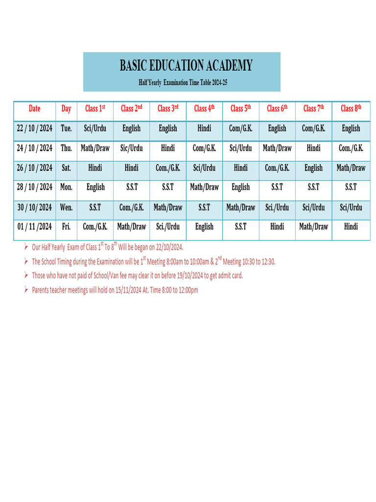 New Time Table 2024-25 Final-1 | PDF
