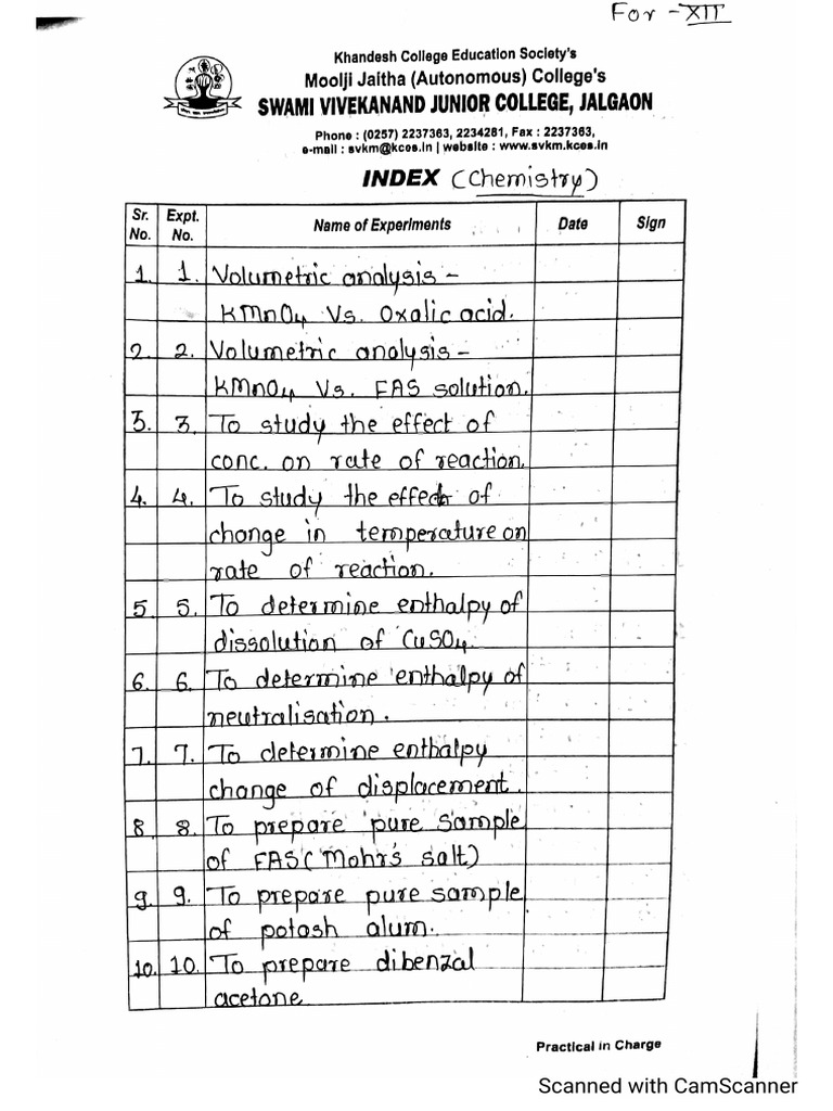 12th Chemistry Practical Index | PDF