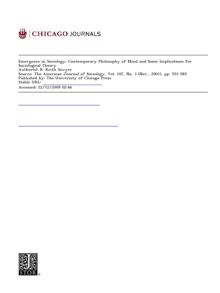 SAWYER (2001) - Emergence in Sociology | PDF | Emergence | Reductionism