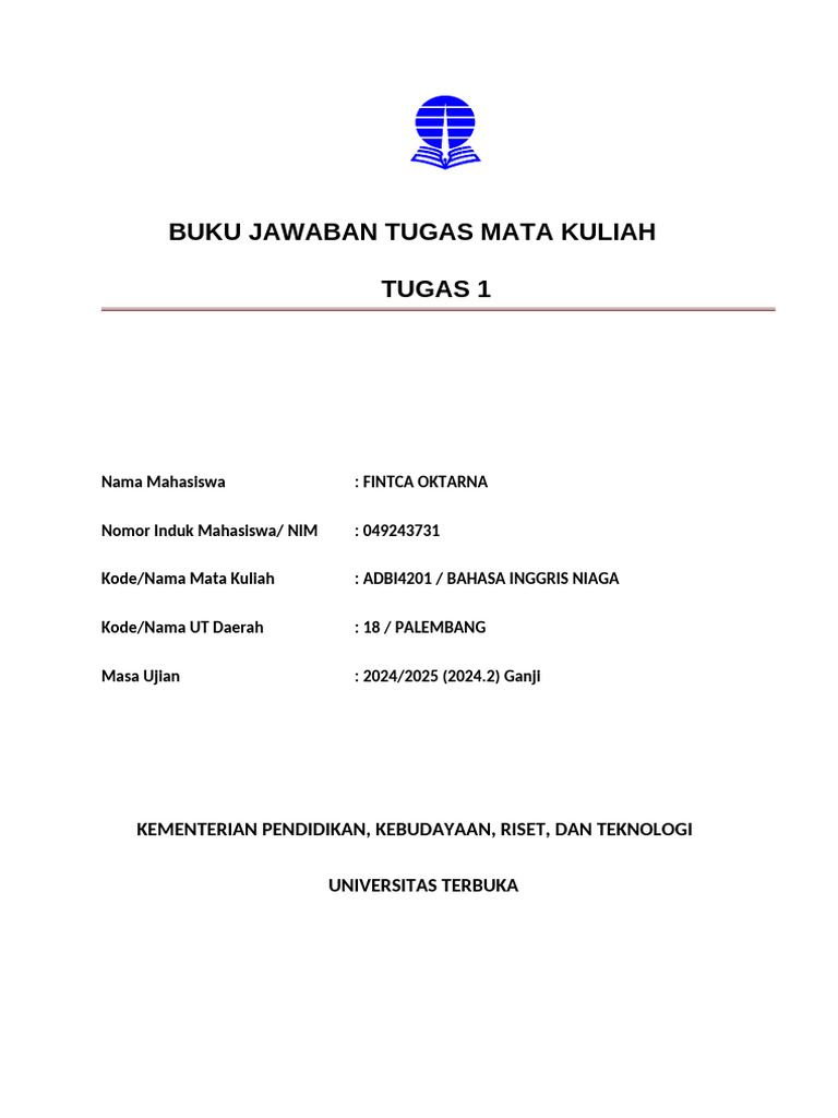 Buku Jawaban Tugas Mata Kuliah Tugas 1: Kementerian Pendidikan, Kebudayaan, Riset, Dan Teknologi ...