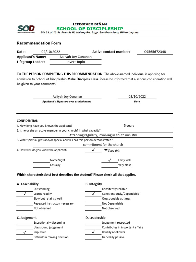 Church Leader's Recommendation Form | PDF | Psychology | Social Psychology