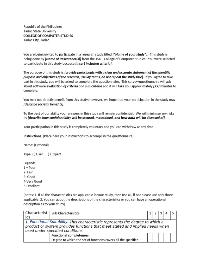 Software Evaluation Questionnaire Following The ISO25000 X (2) 1 | PDF ...