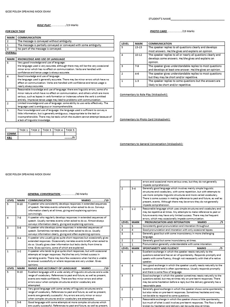 MOCK Mark Sheet - Speaking | PDF | Communication | Fluency