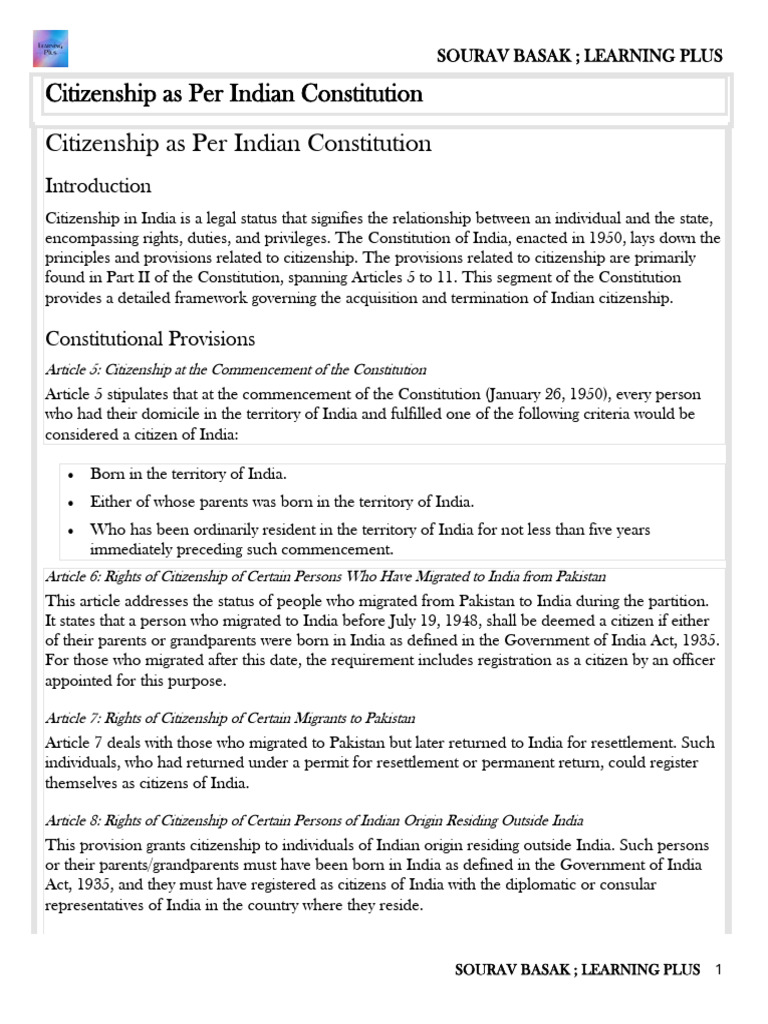 Citizenship As Per Indian Constitution | PDF | Citizenship | Naturalization