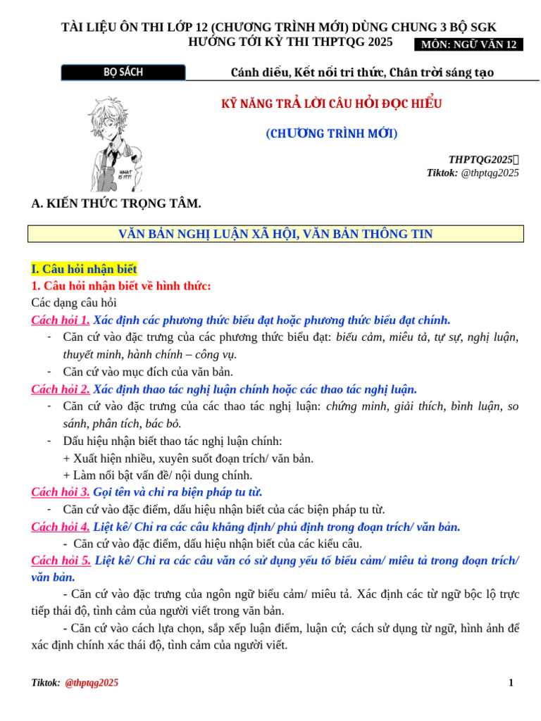 (NV12) - KỸ NĂNG TRẢ LỜI CÂU HỎI ĐỌC HIỂU - Tiktok @thptqg2025 | PDF