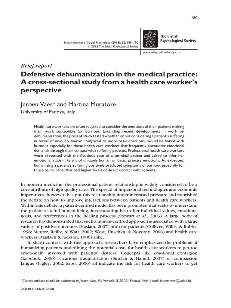 Defensive Dehumanization in The Medical Practice: Across-Sectional Study From A Healthcareworker ...