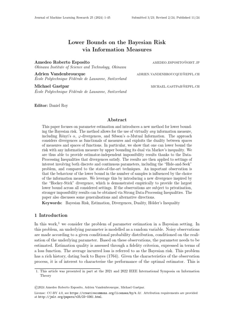Lower Bounds On The Bayesian Risk Via Information Measures: Amedeo Roberto Esposito | PDF ...