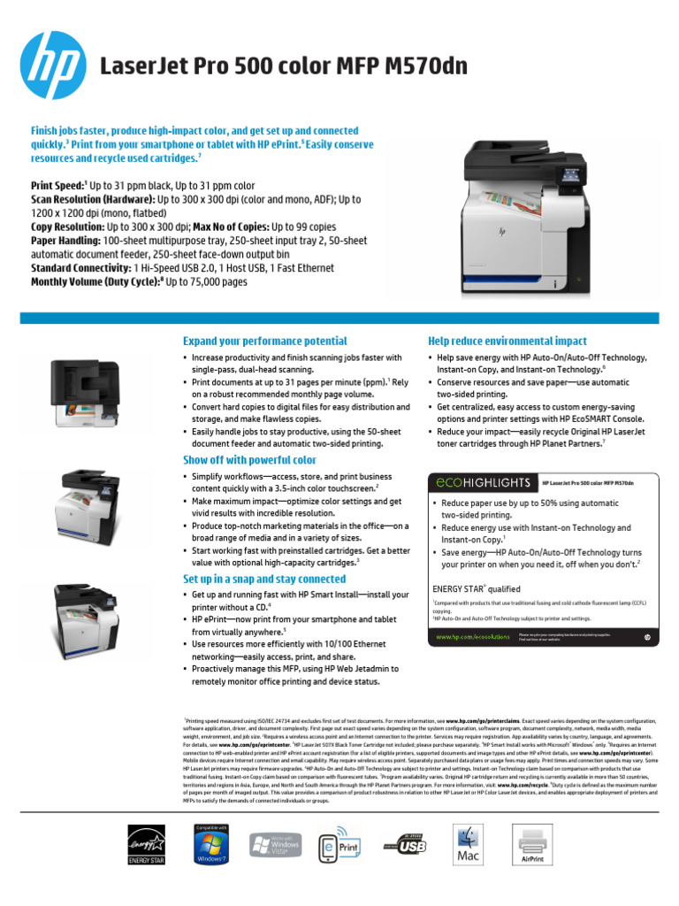 HP LaserJet Pro 500 Color MFP M570 | PDF | Image Scanner | Printer (Computing)