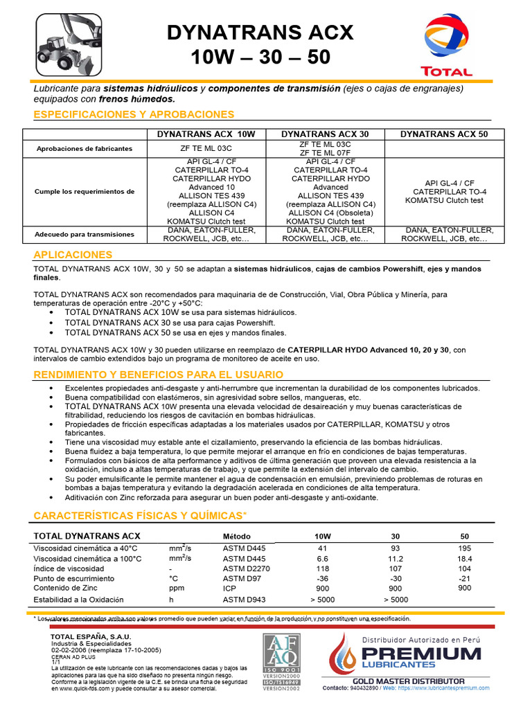 Ficha Tecnica Total Lubricantes - Total - Dynatrans Acx 10W3050 | PDF ...