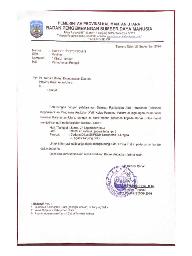 Permohonan Penguji BKD Seminar Rancangan PKP Ak 18 Prov | PDF