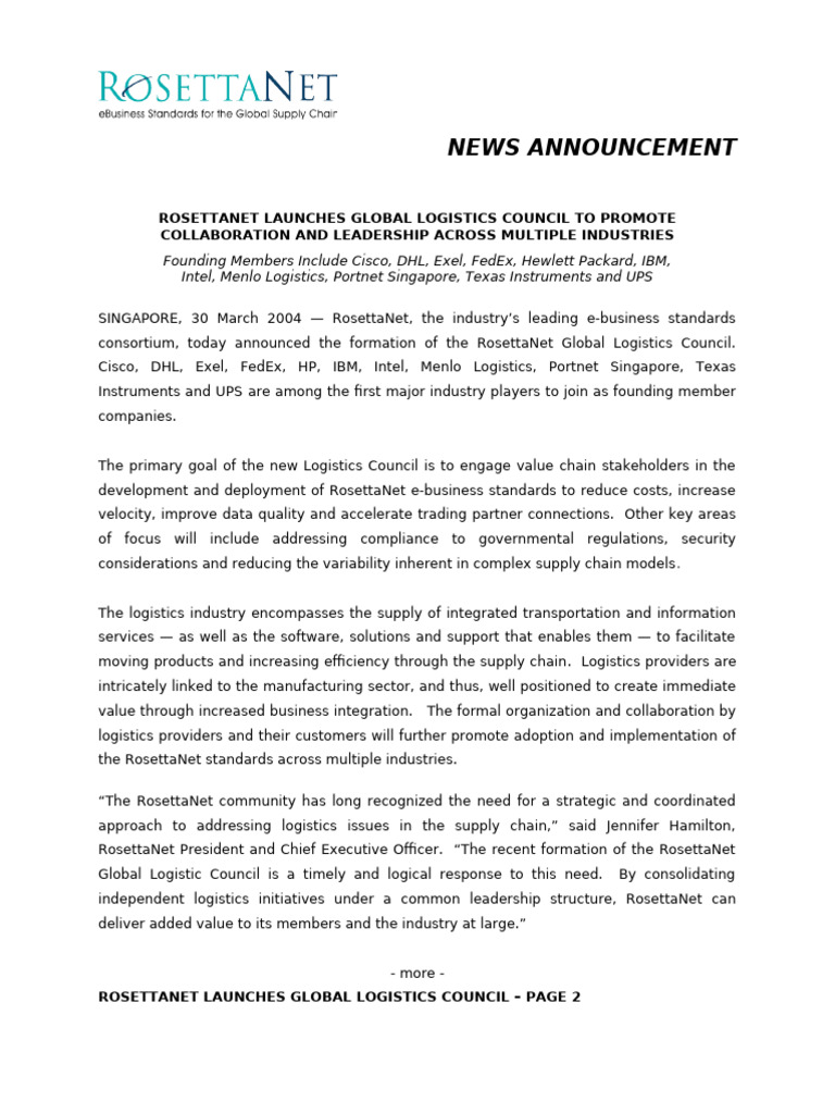 Rosetta Net Press Release | PDF | Logistics | Supply Chain