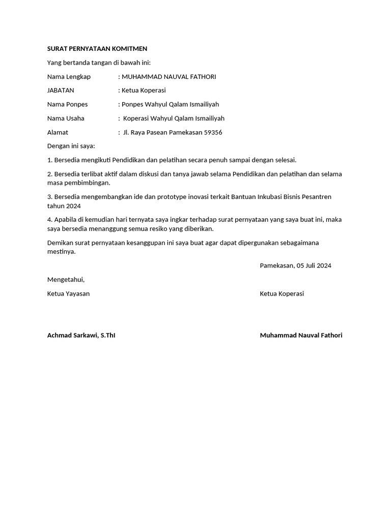 Surat Pernyataan Komitmen | PDF