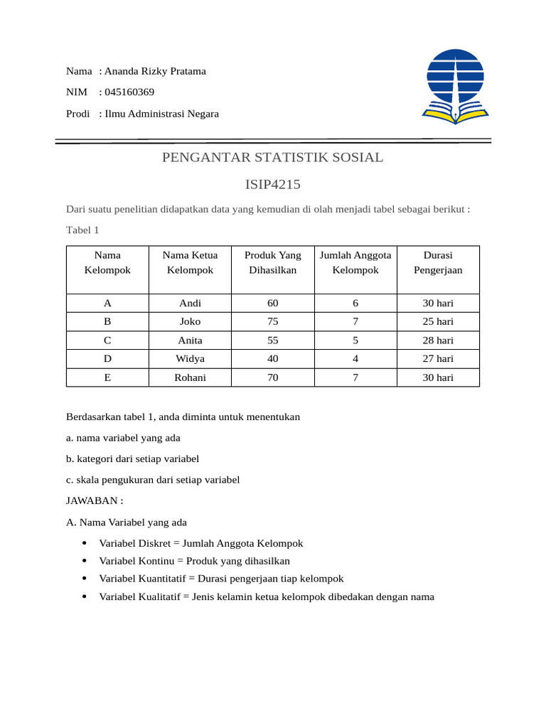 Tugas 1 Pengantar Statistik Sosial | PDF