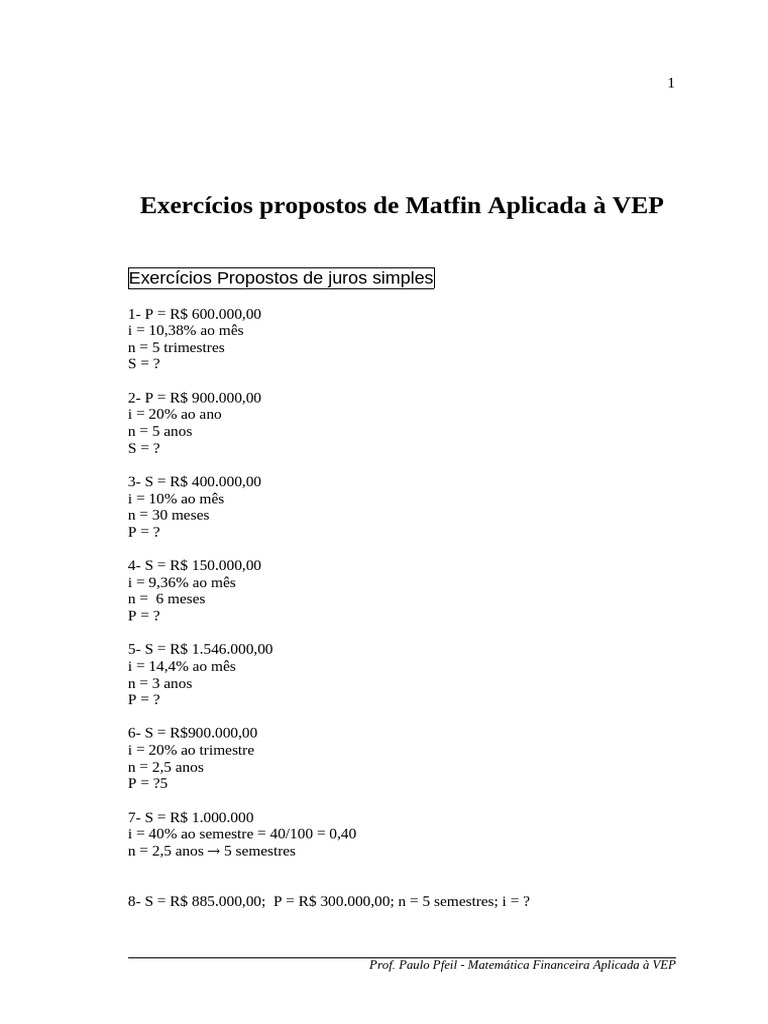 Lista de Exercícios de Matfin - VEP - Ano de 2023 | PDF | Juros | Fluxo de caixa