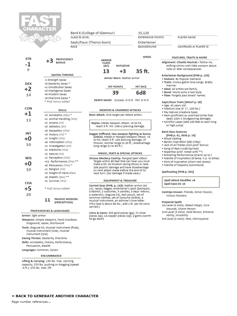 Saytr - Faun (Theros-Born) Bard 6 (College of Glamour) | PDF