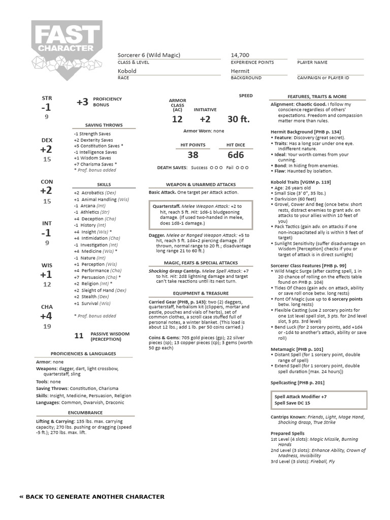 Kobold Sorcerer 6 (Wild Magic) | PDF