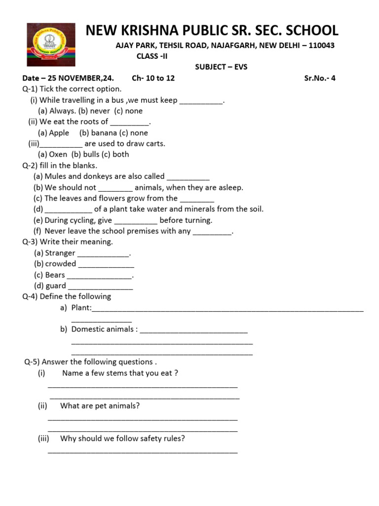EVS Class II Worksheet: Chapters 10-12 | PDF