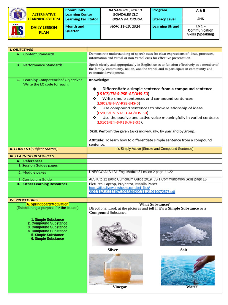 LS1 Eng. DLP-JHS (It's Simply Active (Simple and Compound Sentence ...