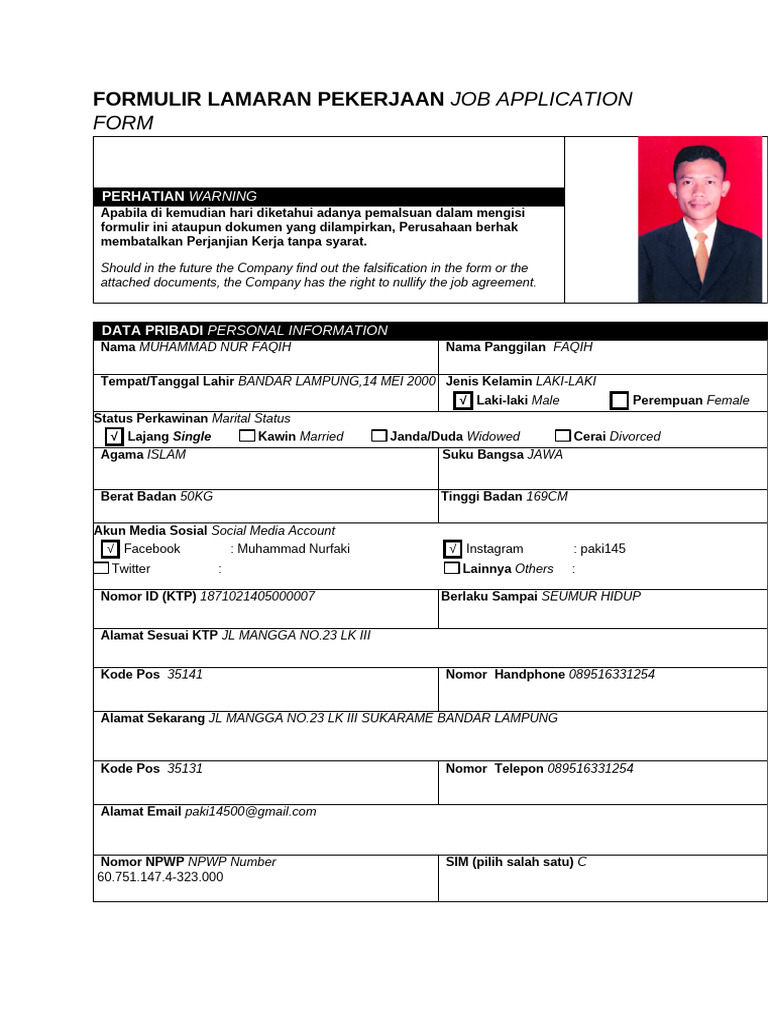 Formulir Lamaran Pekerjaan FAQIH | PDF