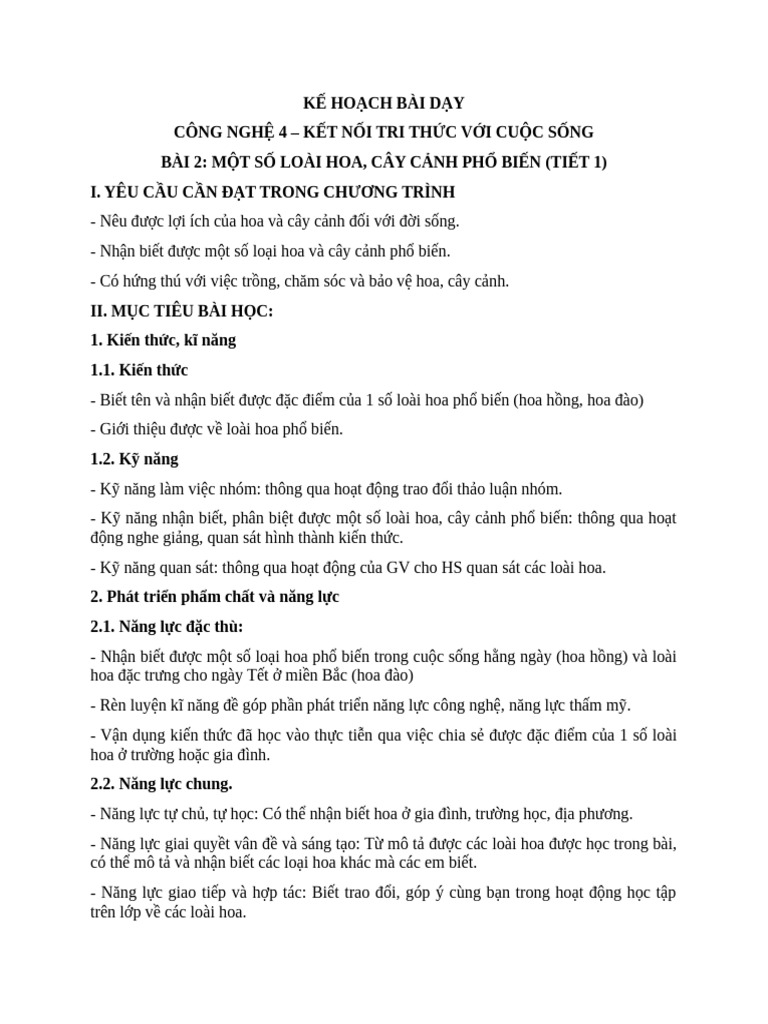 CN4 - Bài 2 Một Số Loài Hoa, Cây Cảnh Phổ Biến (Tiết 1) | PDF