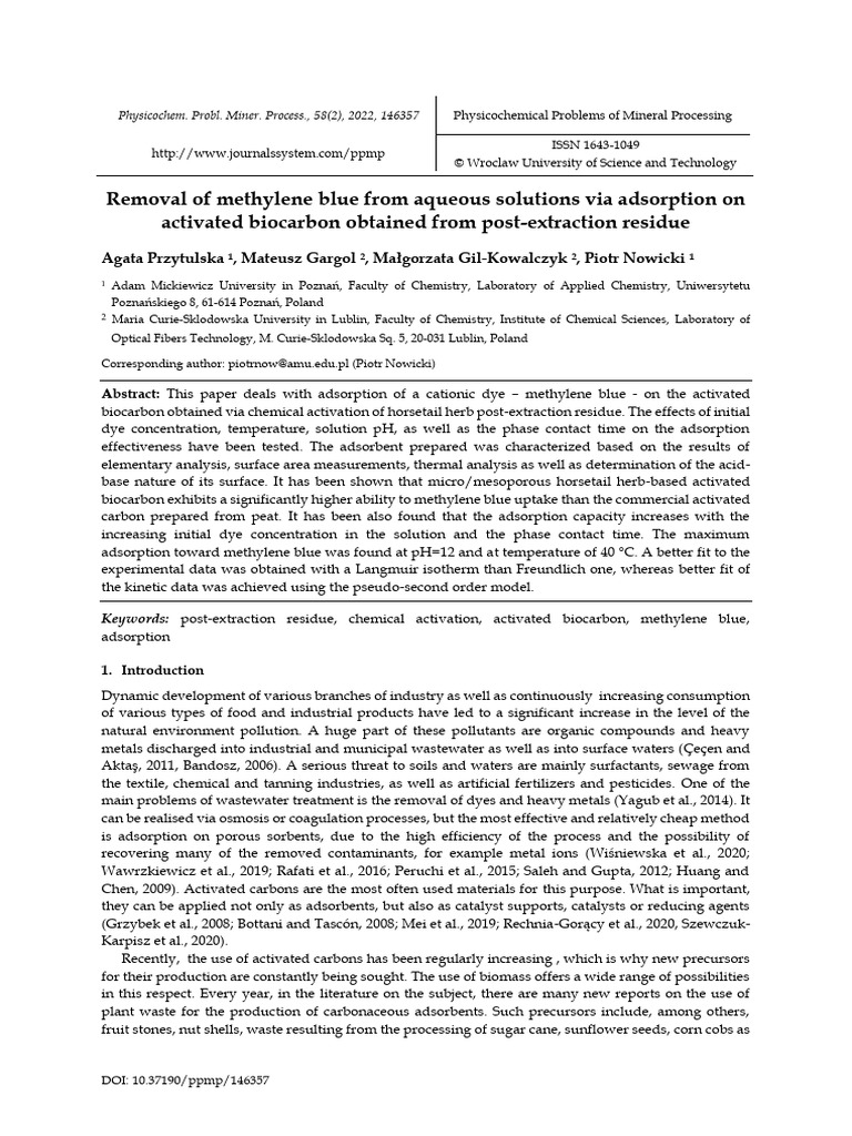 Removal of Methylene Blue From Aque | PDF | Adsorption | Physical Chemistry