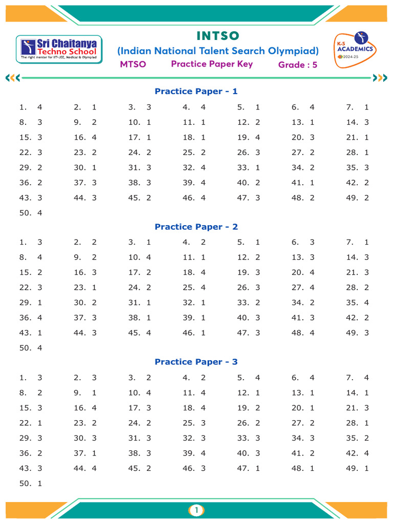 INTSO MTSO Grade-5 Practice Paper-1 To 5 Key 2024 | PDF