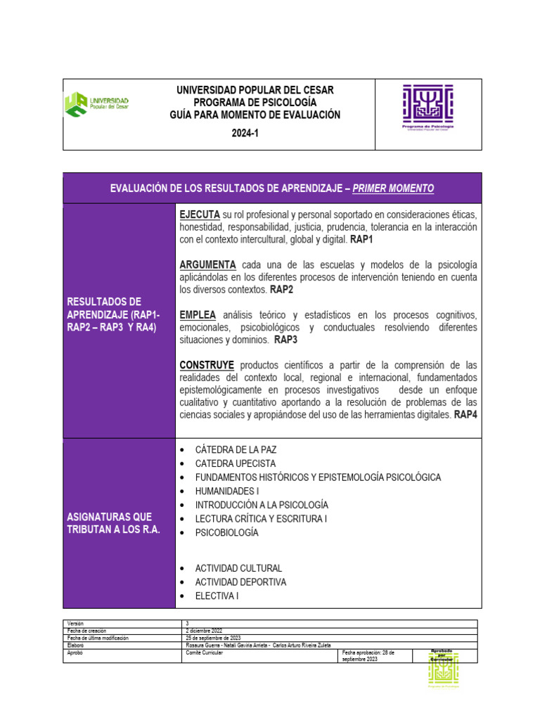 Guía Evaluación Psicología 2024-1 | PDF | Sicología | Evaluación