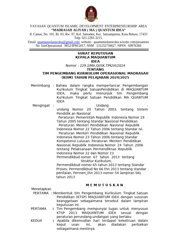SK Tim Pengembangan Kurikulum Operasional Madrasaah (Kom) 2024 2024 | PDF