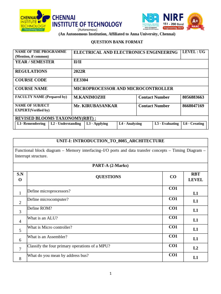 EE3304 - MPMC Question Bank New Format | PDF | Microcontroller | Central Processing Unit