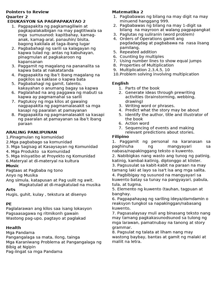 Pointers 2nd Quarter Assessment GrADE 2 | PDF