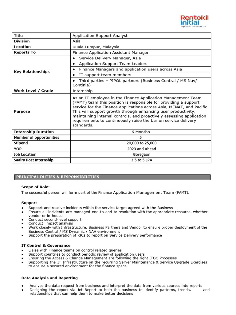 JD - Application Support Analyst Intern | PDF | Data | Goal