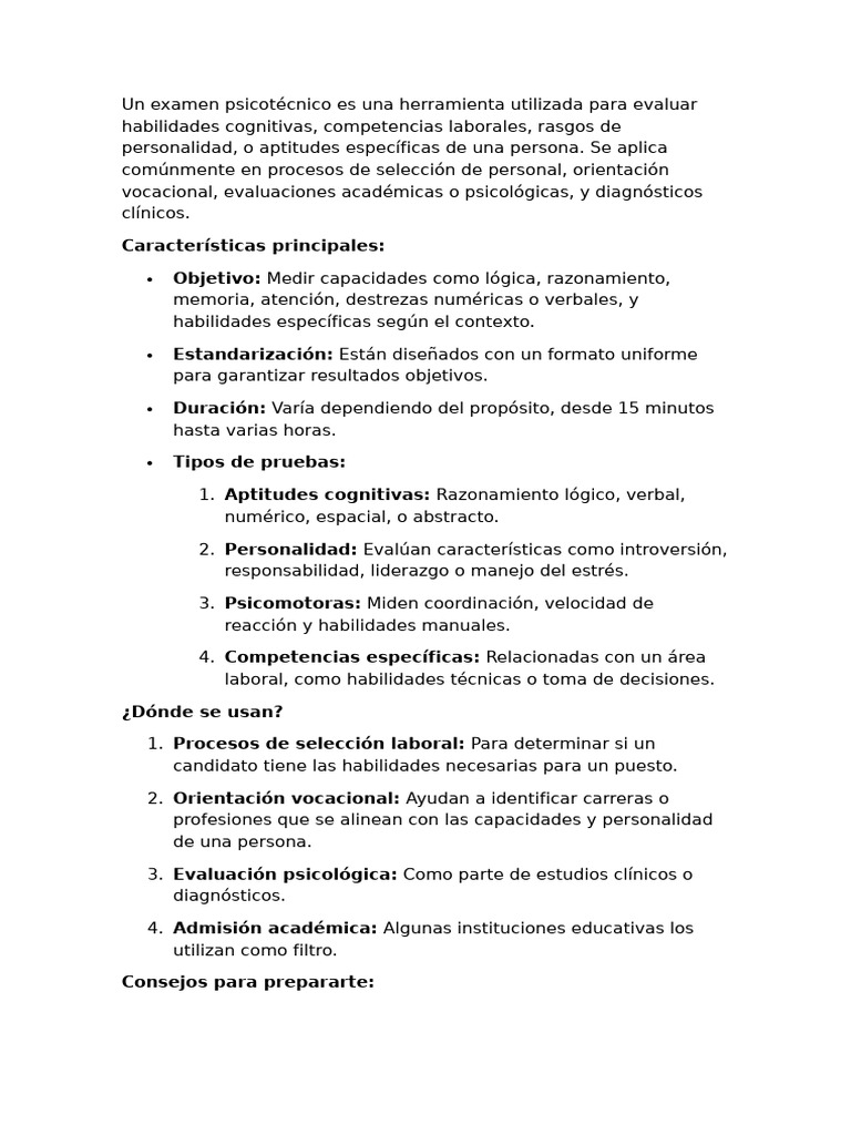 Un Examen Psicotécnico Es Una Herramienta Utilizada para Evaluar ...