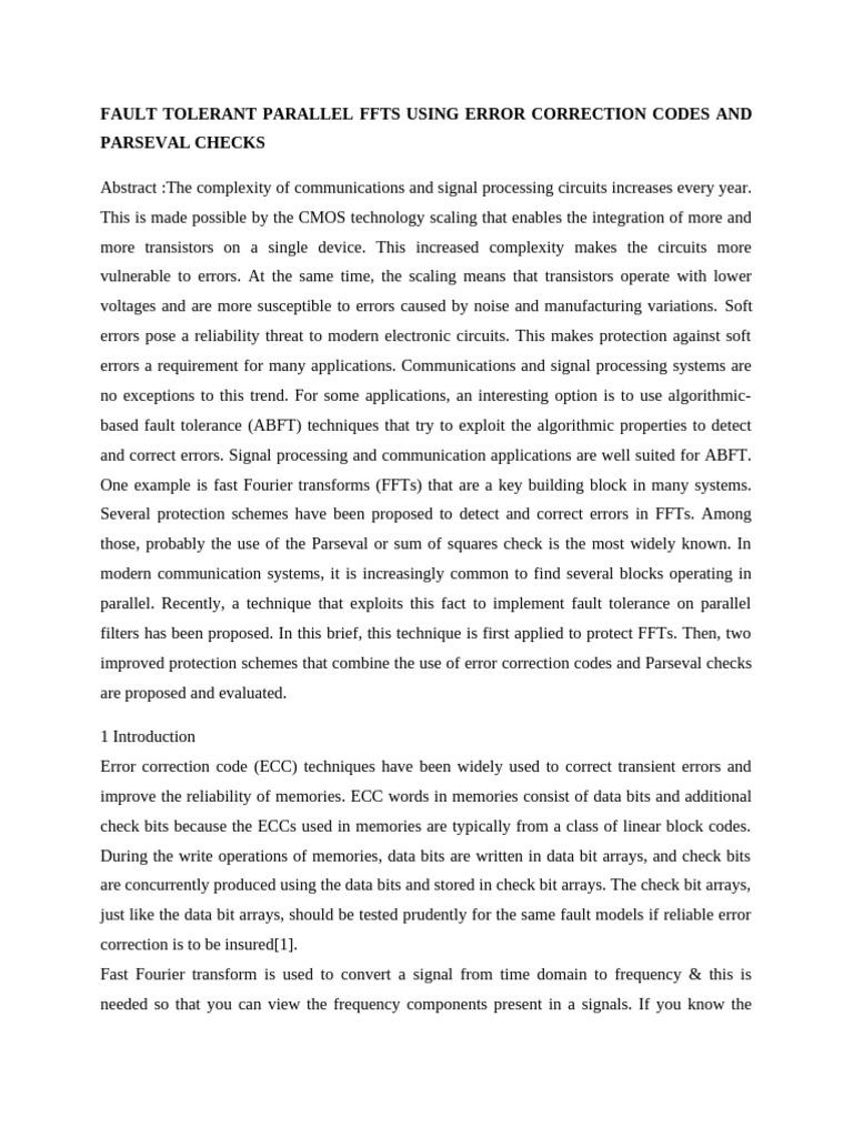 Fault Tolerant Parallel Ffts Using Error Correction Codes And Parseval Checks Pdf Discrete