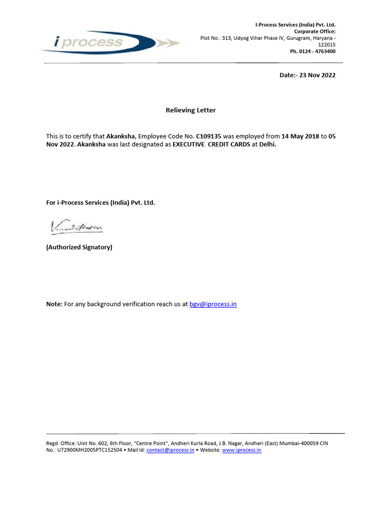 Relieving Letter for Akanksha at i-Process | PDF