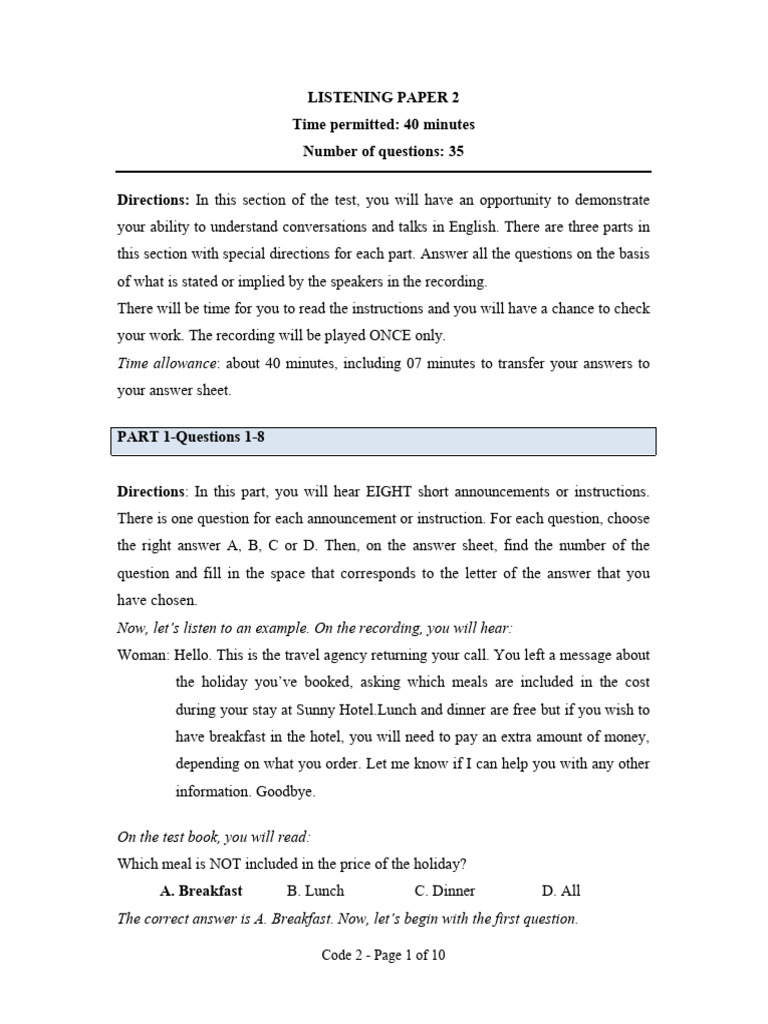 Listening Test Paper 2 Guide | PDF | Meal