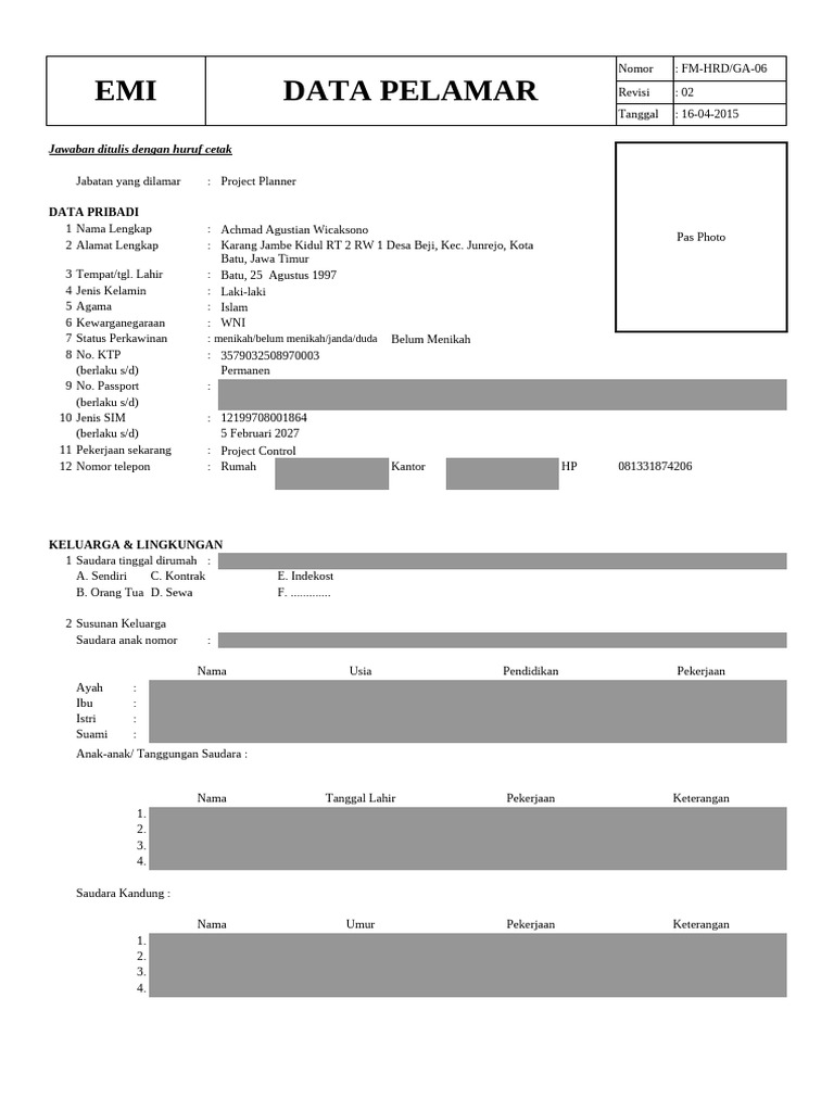 EMI - Form Data Pelamar Format Excel | PDF