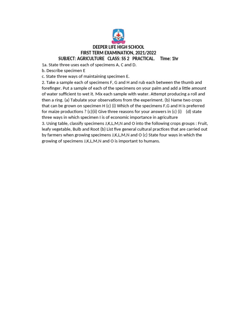 Ss 2 Agric Practical Exam | PDF | Soil | Vegetables