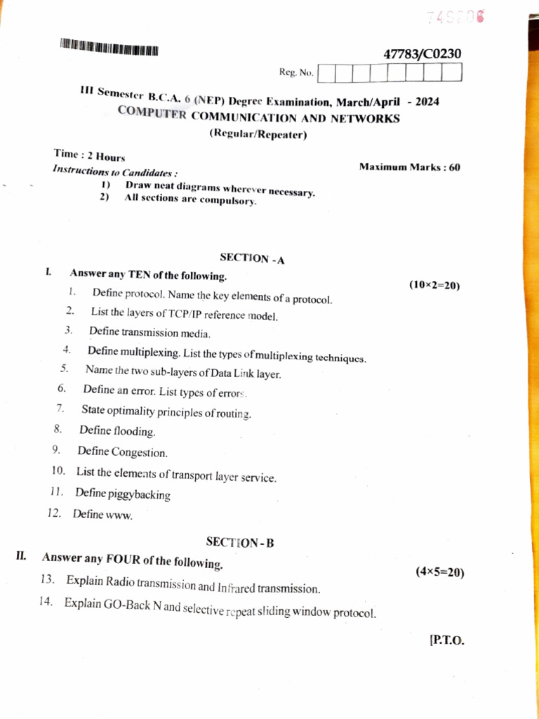 3rd SEM BCA (NEP) Degree Exam March-April 2024 Computer Communication ...