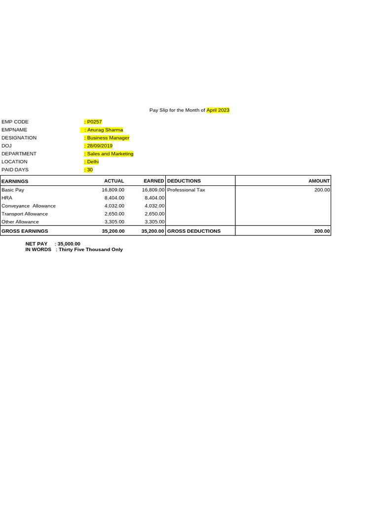 April 2023 Pay Slip for Anurag Sharma | PDF