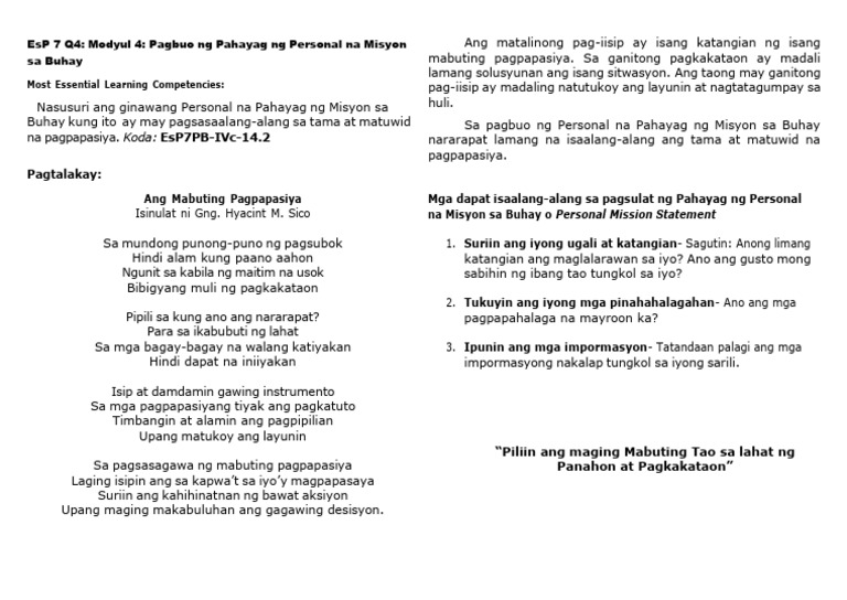 EsP 7 - Q4 - Modyul 4 Outline | PDF